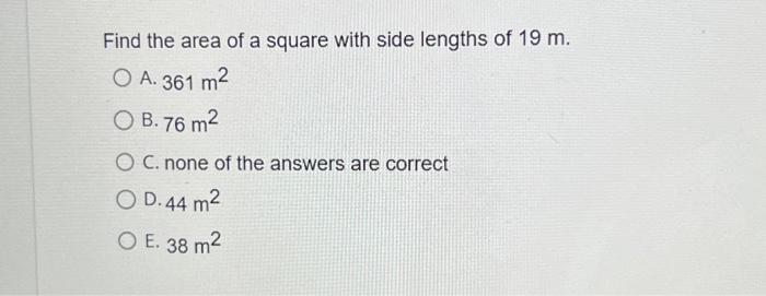 Solved Find the area of a square with side lengths of 19 m. | Chegg.com