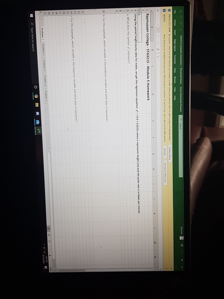 Solved -- STA3215 module5 homework_1 [Protected View Excel | Chegg.com