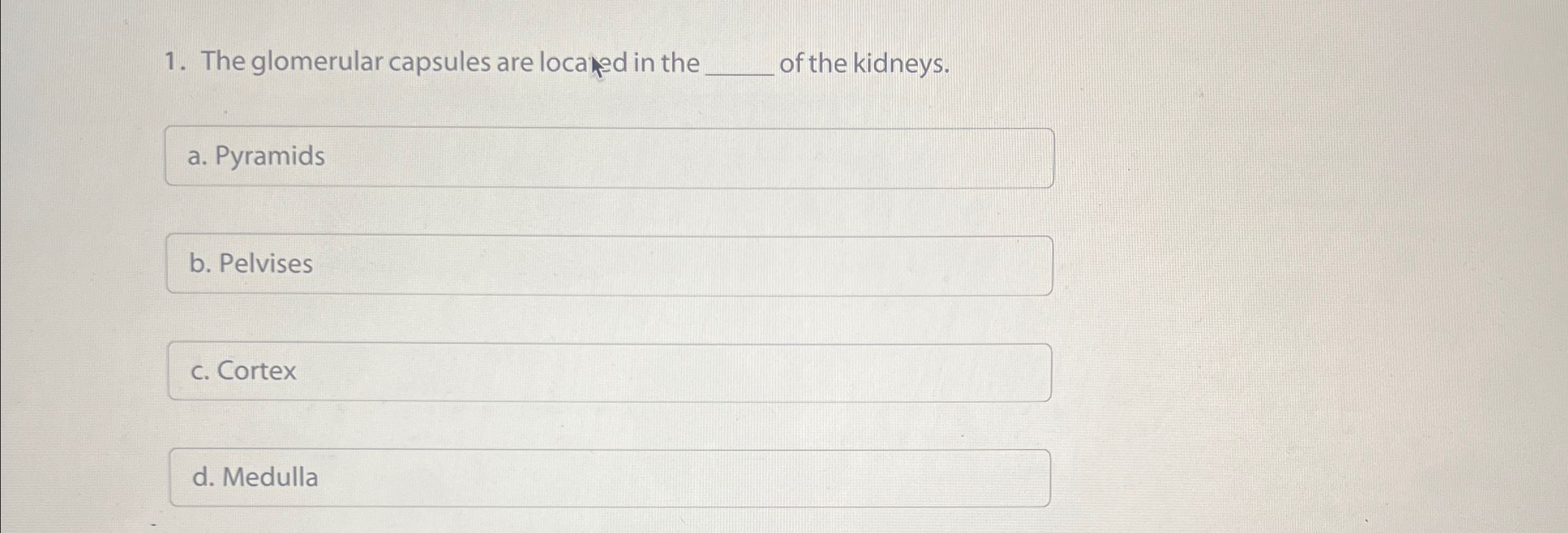 Solved The glomerular capsules are locat in the ﻿of the | Chegg.com