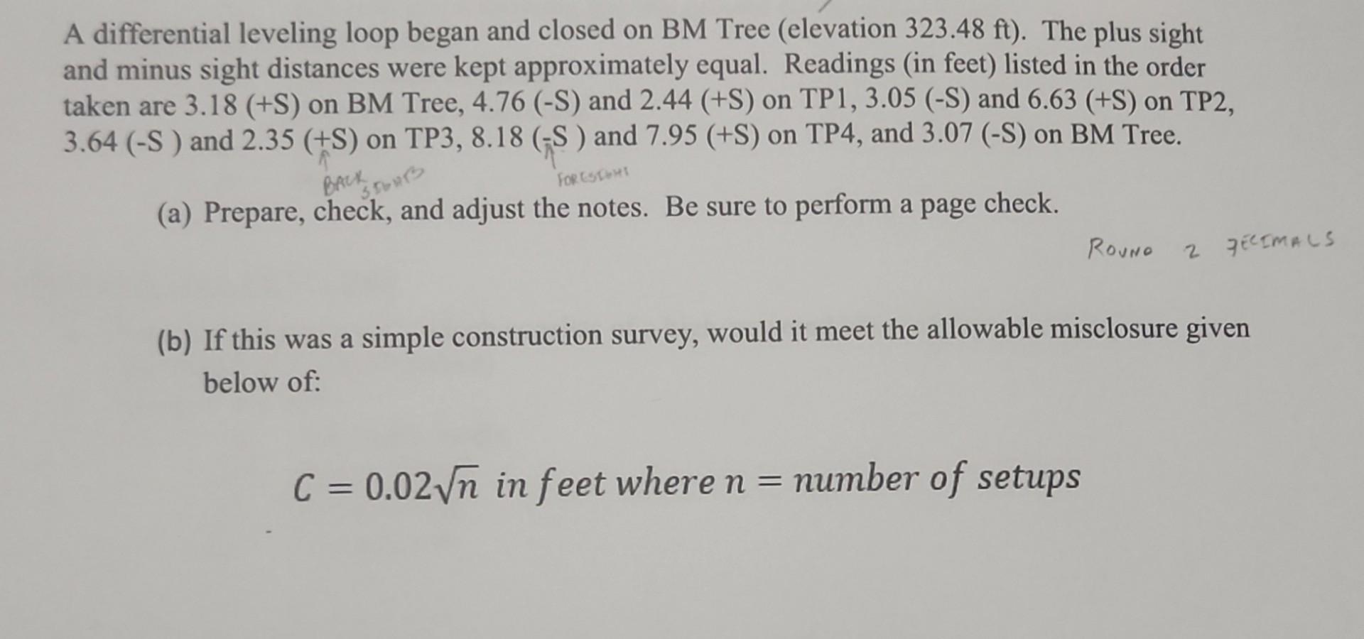Solved A differential leveling loop began and closed on BM | Chegg.com