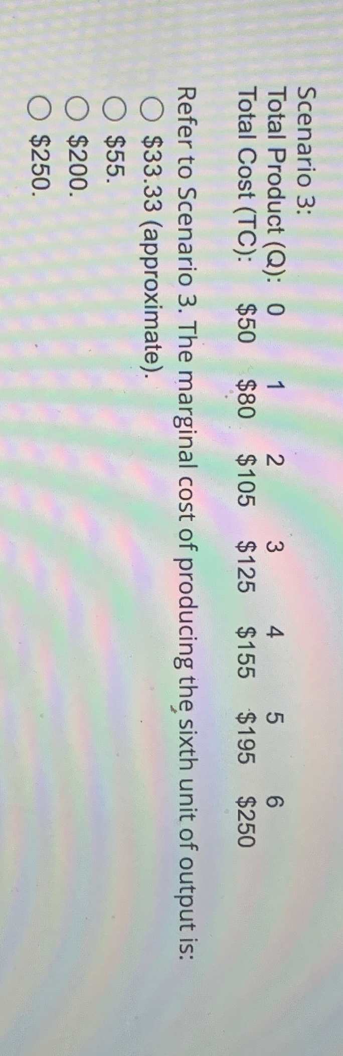 Solved Scenario 3: ﻿Total Product (Q): 0,1,2,3,4,5,6 ﻿Total | Chegg.com
