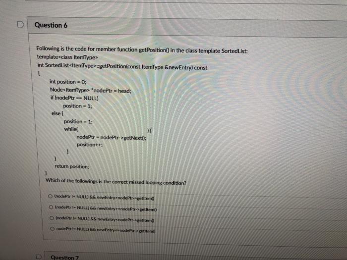 Solved Question 6 Following is the code for member function | Chegg.com