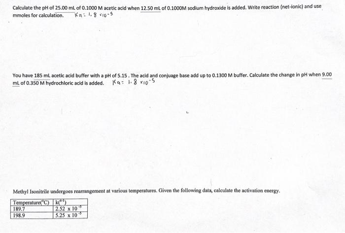 Solved Calculate the pH of 25.00 mL of 0.1000M acetic acid | Chegg.com