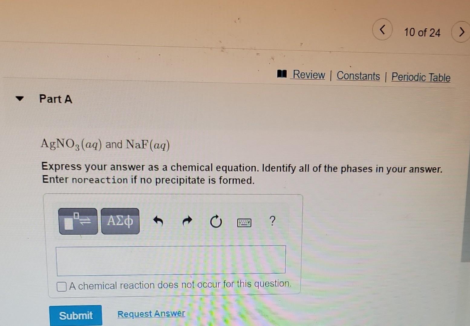 Solved Part A AgNO3(aq) and NaF(aq) Express your answer as a | Chegg.com