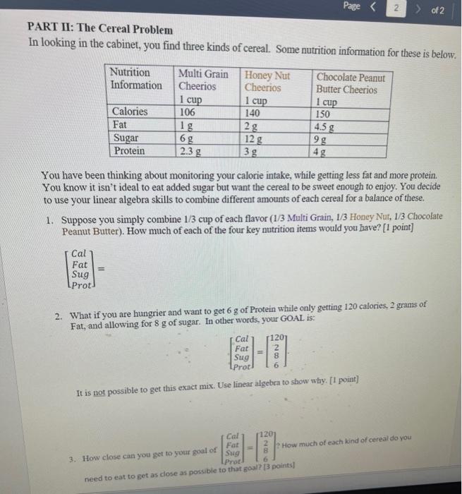 Solved PART II: The Cereal Problem In looking in the | Chegg.com