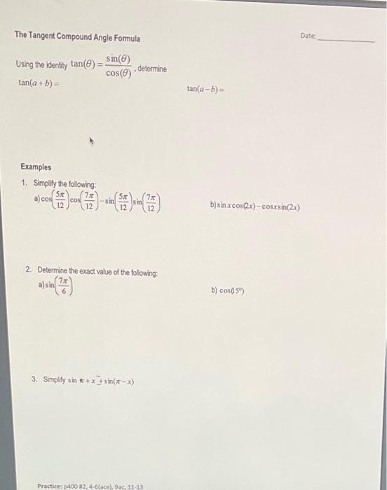 Solved Date The Tangent Compound Angle Formula sin(0) Using | Chegg.com