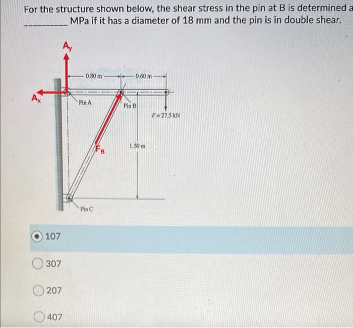 Solved For the structure shown below, the shear stress in | Chegg.com