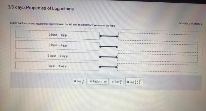 Solved 3/5 day5 Properties of Logarithms Match each expanded | Chegg.com