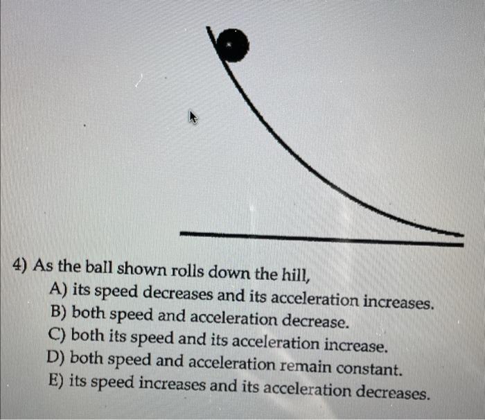 Solved 4) As the ball shown rolls down the hill, A) its | Chegg.com