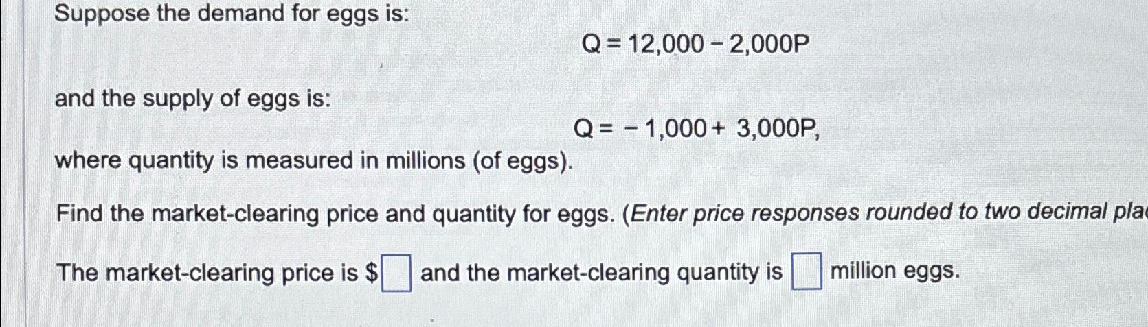 Solved Suppose the demand for eggs is:Q=12,000-2,000Pand the | Chegg.com
