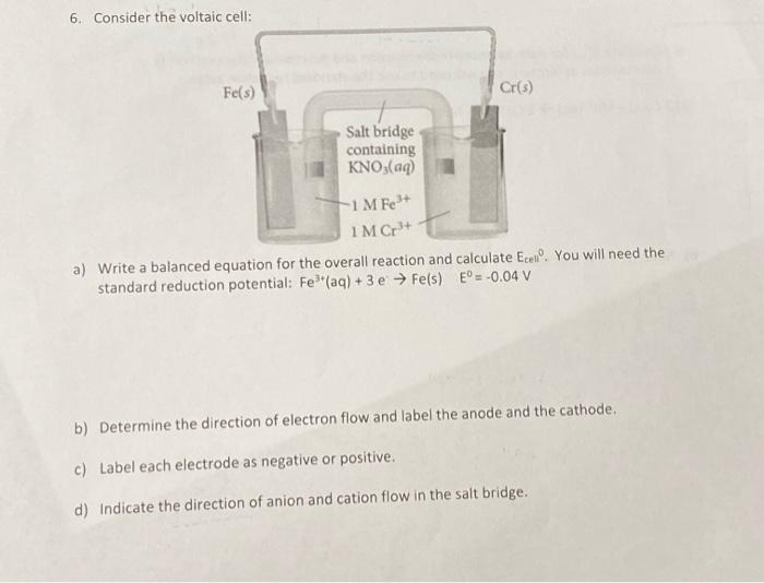 Solved 6. Consider the voltaic cell: Fe(s) Salt bridge | Chegg.com
