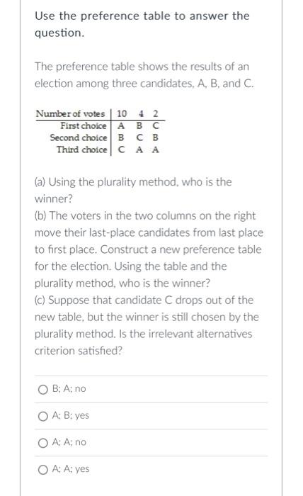 Use the preference table to answer the question. The | Chegg.com