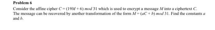 Solved Problem 6 Consider the affine cipher C = (19M + 6) | Chegg.com