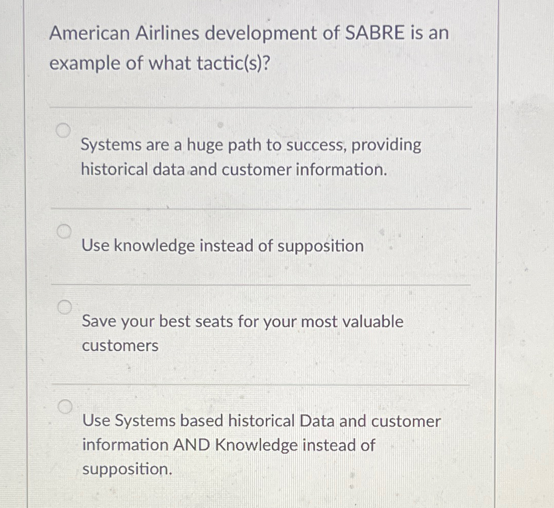 Solved American Airlines development of SABRE is an example | Chegg.com
