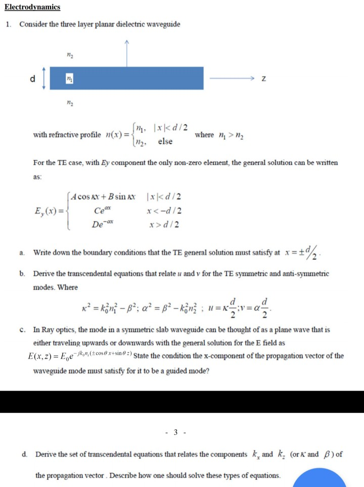 Solved Electrodynamics 1. Consider the three layer planar | Chegg.com