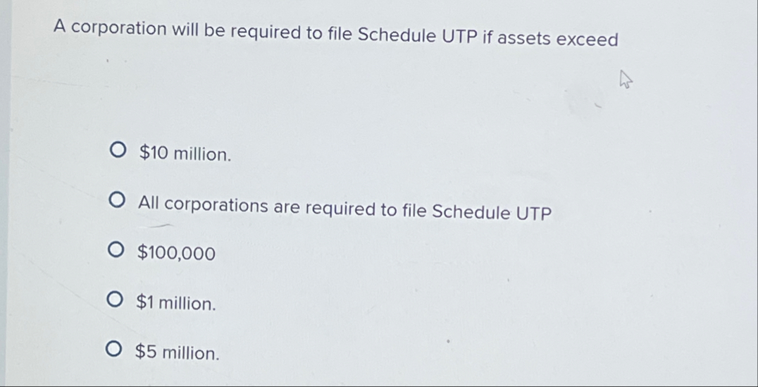 Solved A corporation will be required to file Schedule UTP | Chegg.com