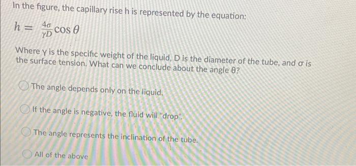 Solved In the figure, the capillary rise h is represented by | Chegg.com