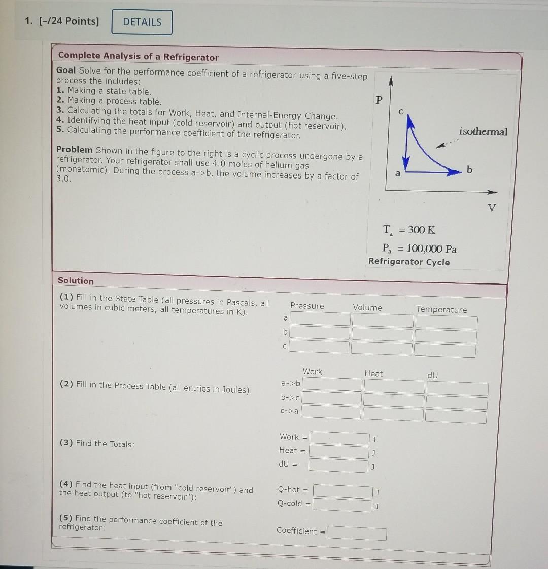 Solved Complete Analysis of a Refrigerator Goal Solve for | Chegg.com