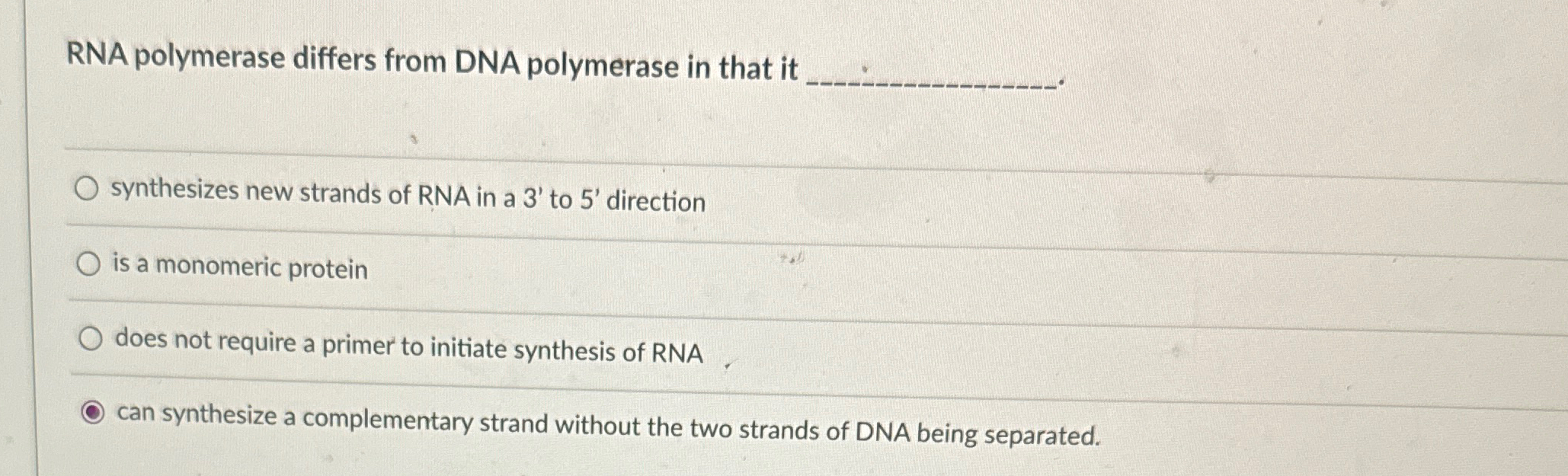 Solved RNA polymerase differs from DNA polymerase in that it | Chegg.com