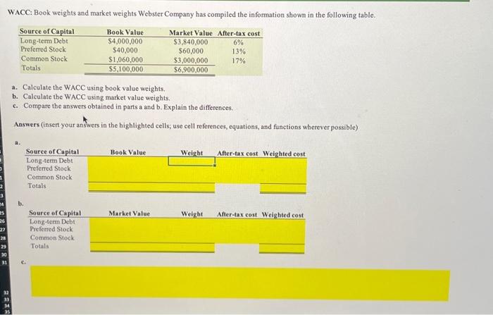 Solved WACC: Book weights and market weights Webster Company | Chegg.com