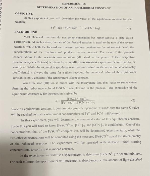 Solved EXPERIMENT O: DETERMINATION OF AN EQUILIBRIUM | Chegg.com