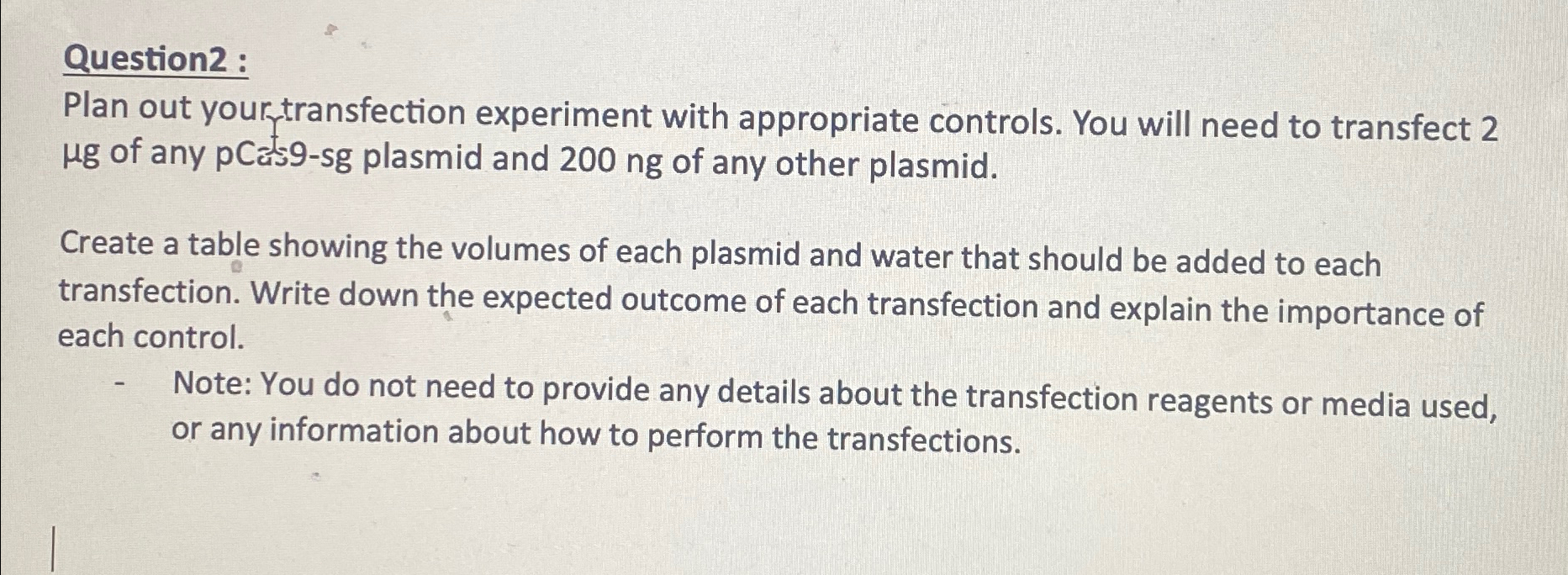 Solved Question2:Plan out your transfection experiment with | Chegg.com