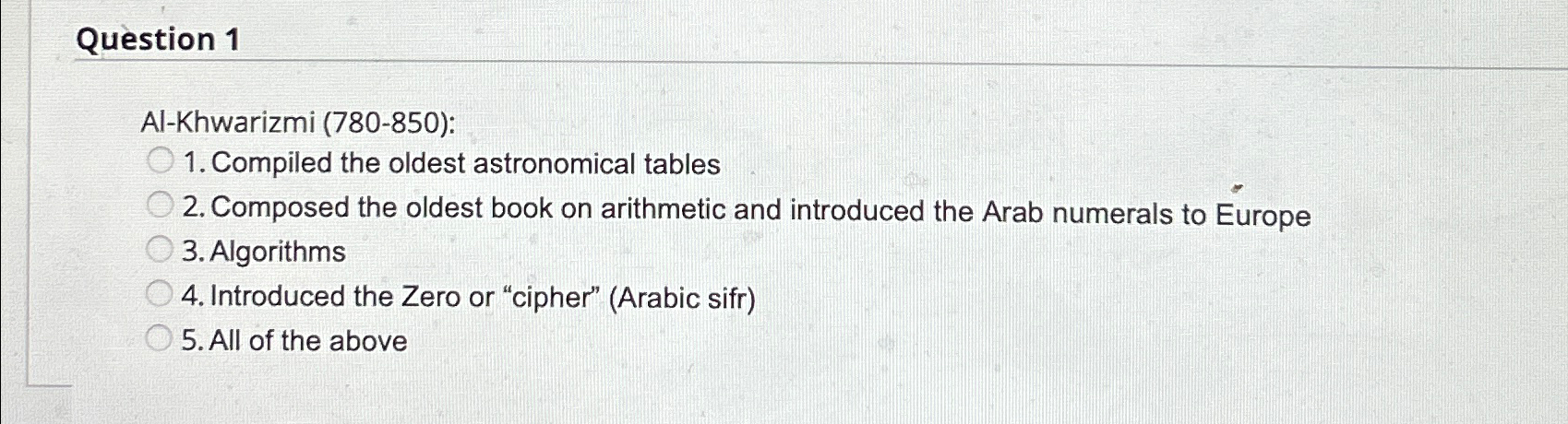 Solved Question 1Al-Khwarizmi (780-850):Compiled the oldest | Chegg.com