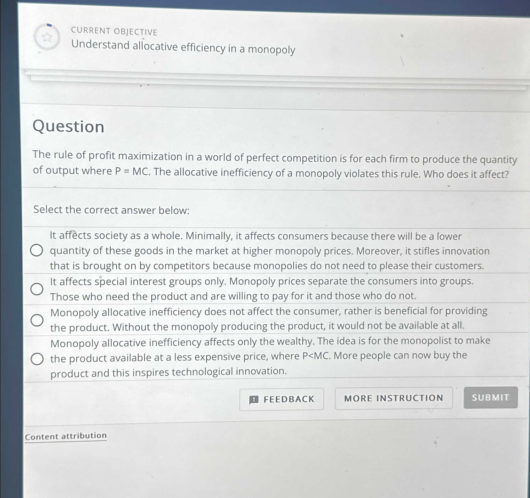 Solved CURRENT OBJECTIVEUnderstand allocative efficiency in | Chegg.com