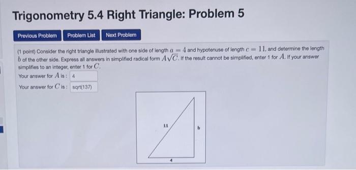 Solved 1 Point Consider The Right Triangle Illustrated Chegg