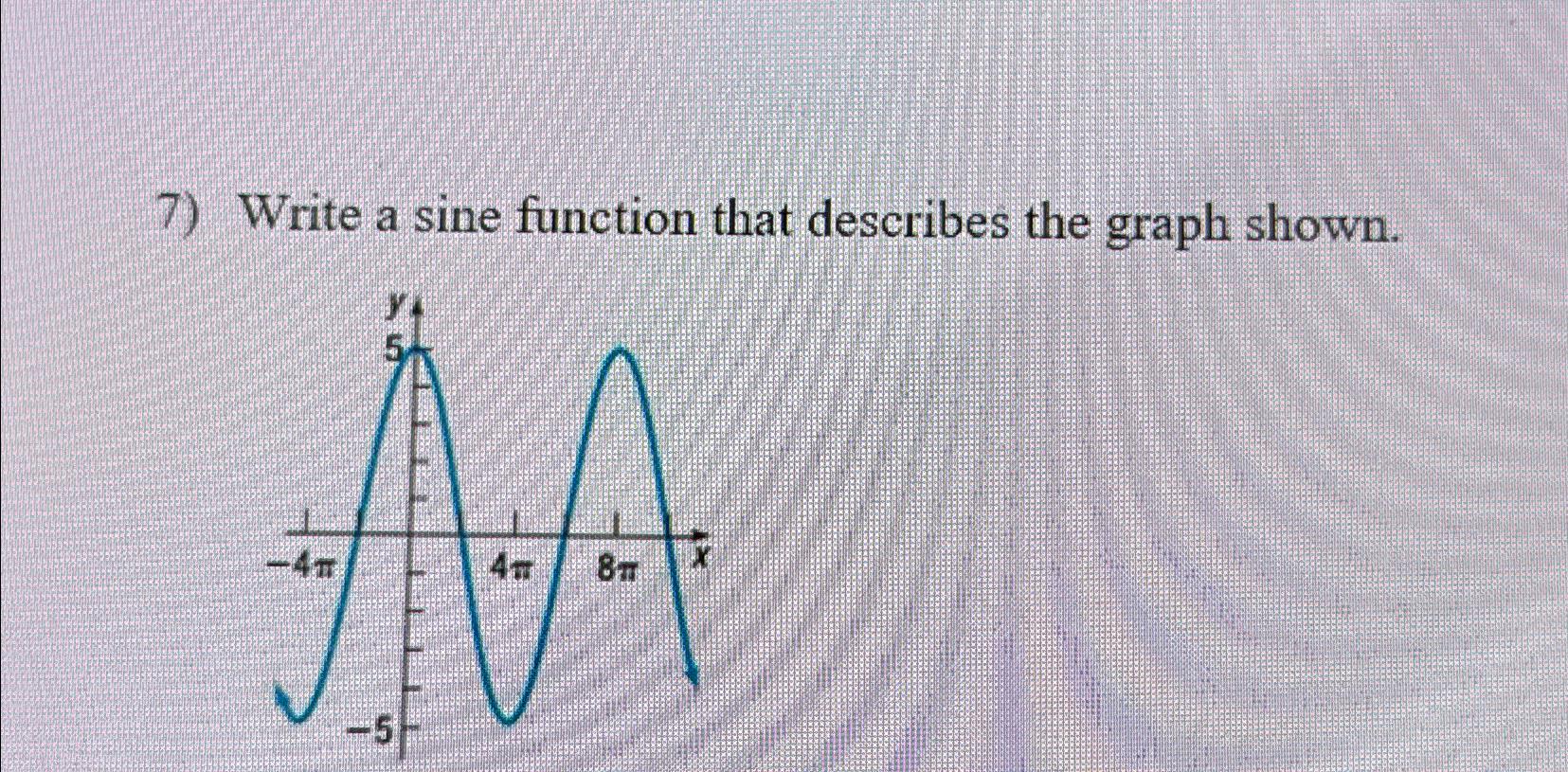 Solved Write a sine function that describes the graph shown. | Chegg.com