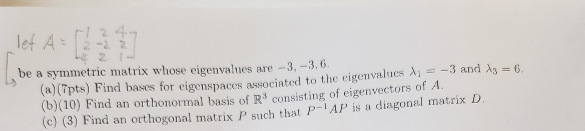 Solved letA=⎣⎡1242−22421⎦⎤ be a symmetric matrix whose | Chegg.com