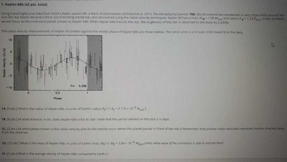 Solved 1. Kepler-68b [42 pts. total] Using transit | Chegg.com