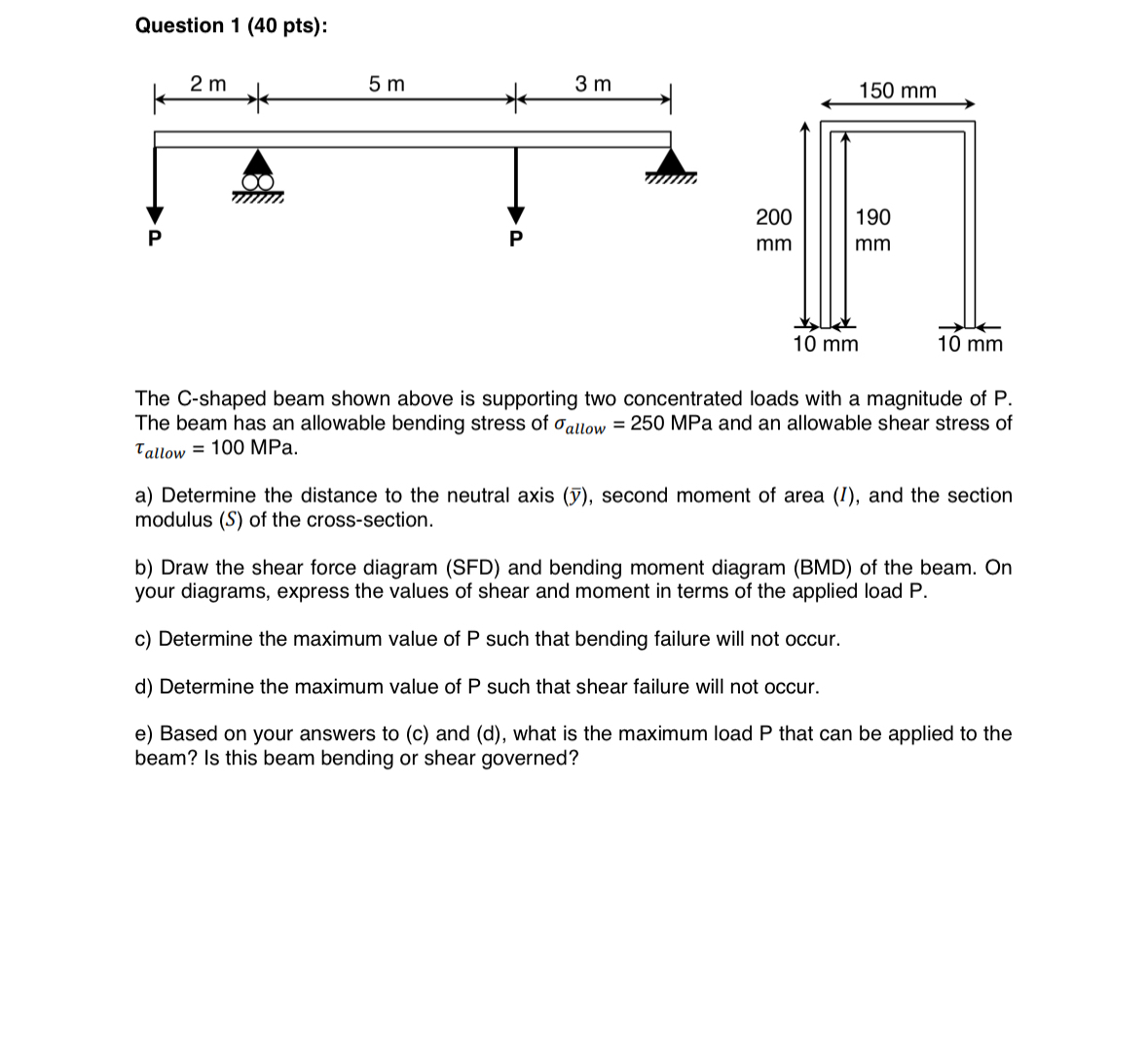 Solved Question 1 (40 ﻿pts):The C-shaped beam shown above is | Chegg.com | Chegg.com