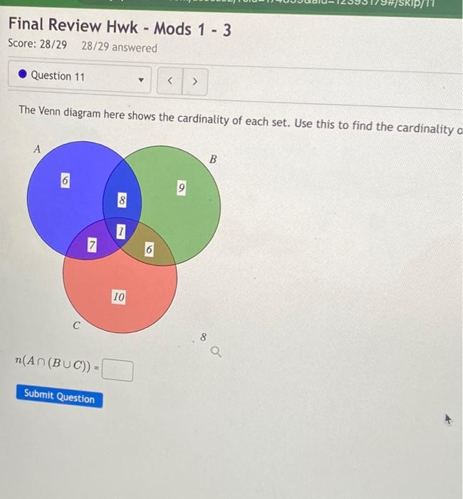 Solved The Venn diagram here shows the cardinality of each | Chegg.com