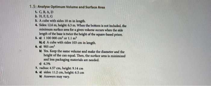 Solved 1.5: Analyse Optimum Volume and Surface Area 1. C, B, | Chegg.com