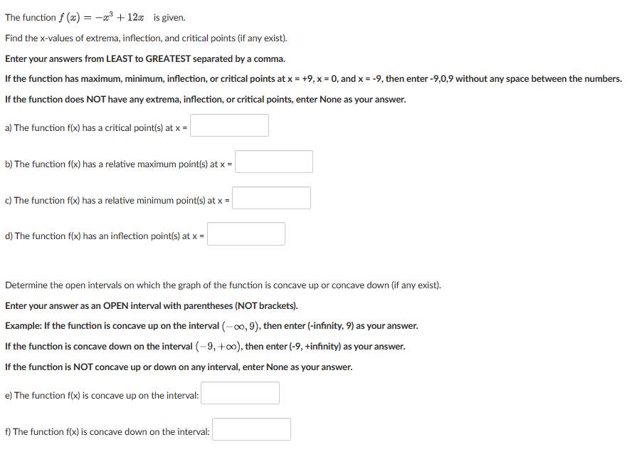 Solved The function f(x)=-x3+12x ﻿is given.Find the x-values | Chegg.com