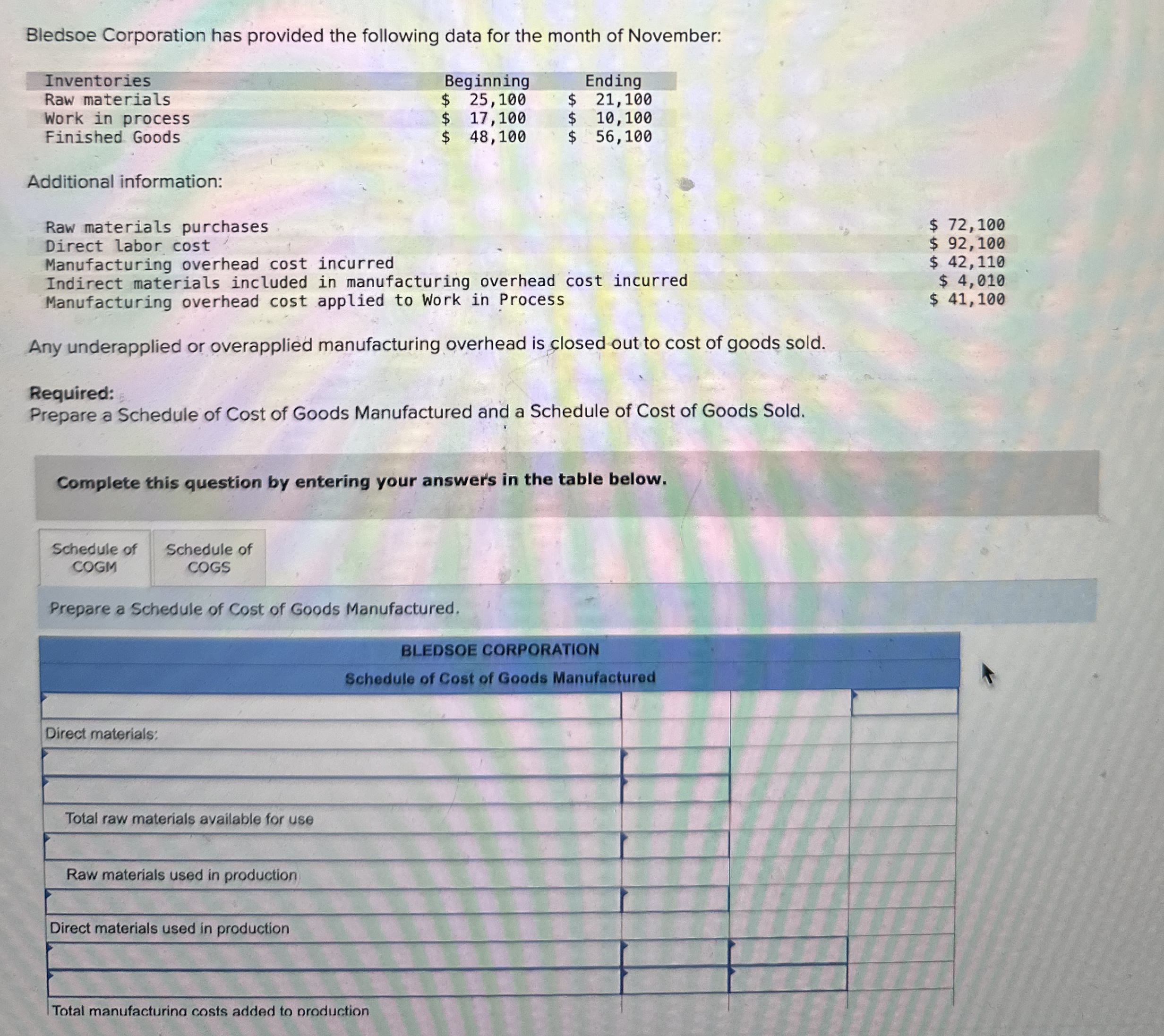 Solved Bledsoe Corporation has provided the following data | Chegg.com