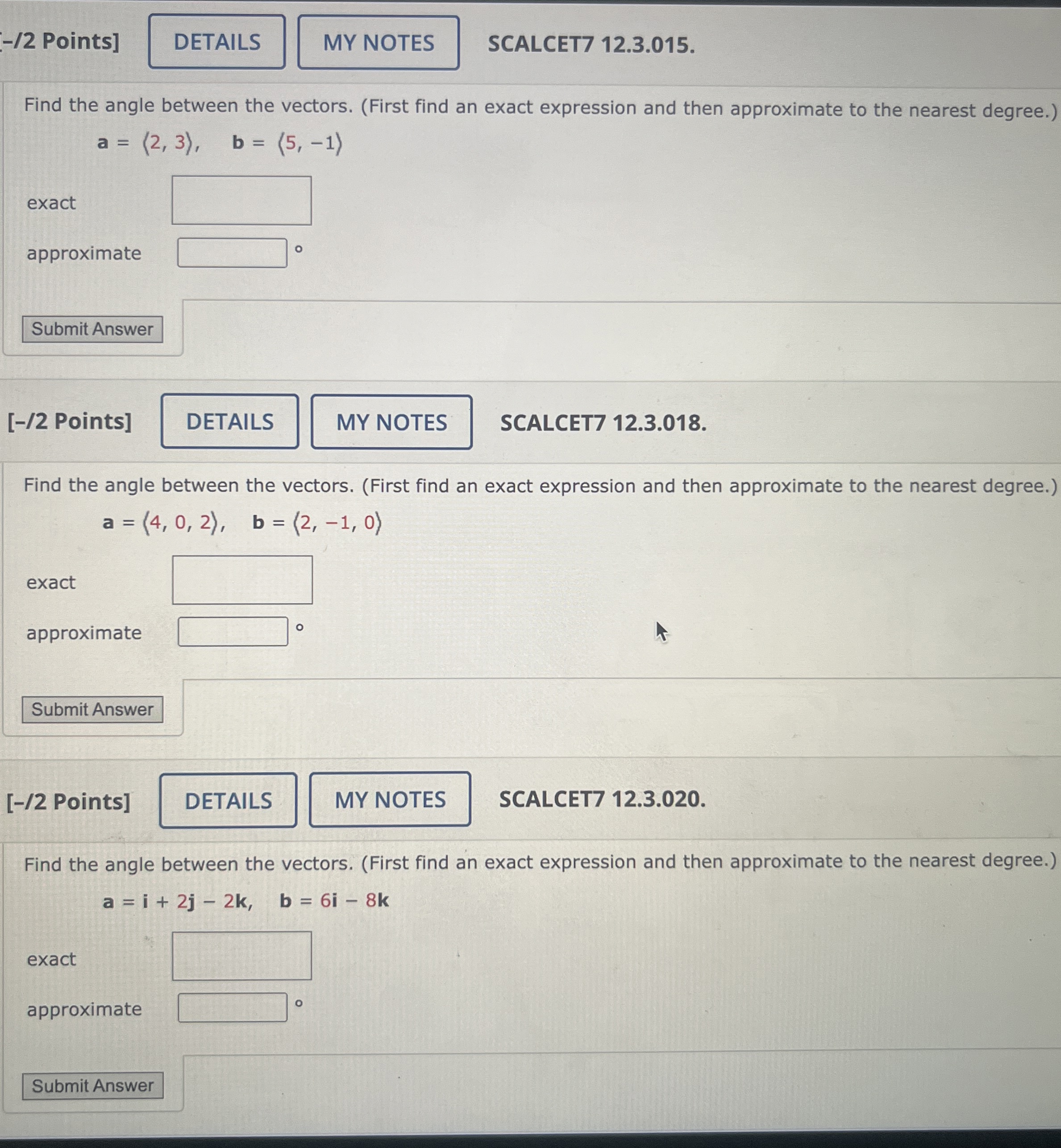 Solved -12 ﻿Points]SCALCET7 12.3.015Find the angle between | Chegg.com