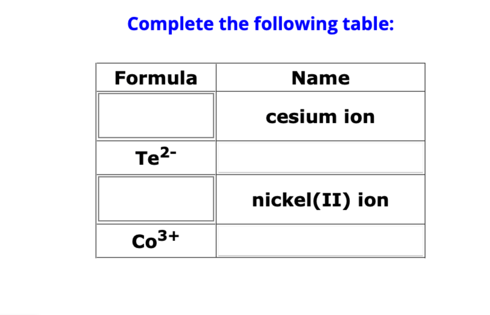Complete the following table:Complete the following | Chegg.com