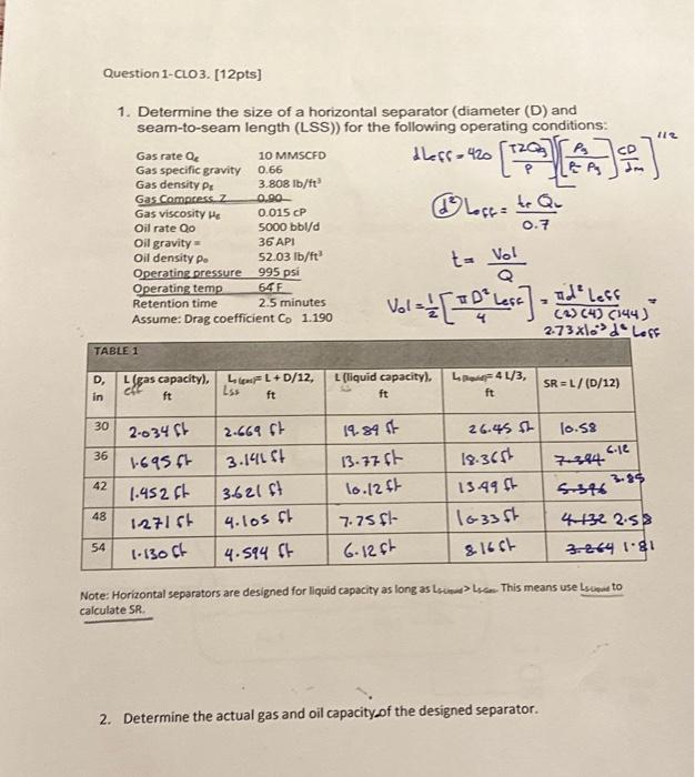 Solved 1. Determine the size of a horizontal separator | Chegg.com