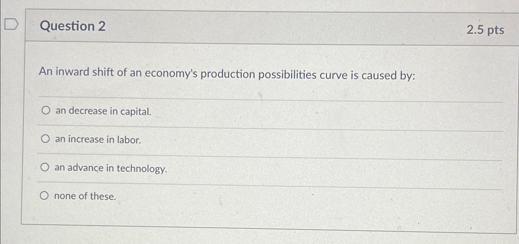 Solved Question 22.5ptsAn inward shift of an economy's | Chegg.com