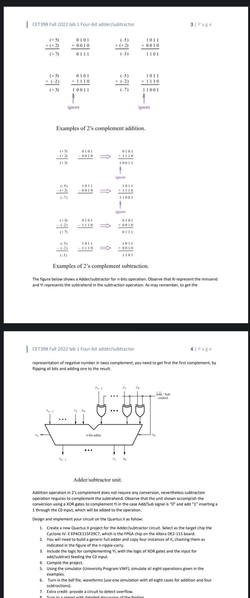 | CET398 Fall 2022 lab 1 Four-bit adder/subtractor 3| | Chegg.com