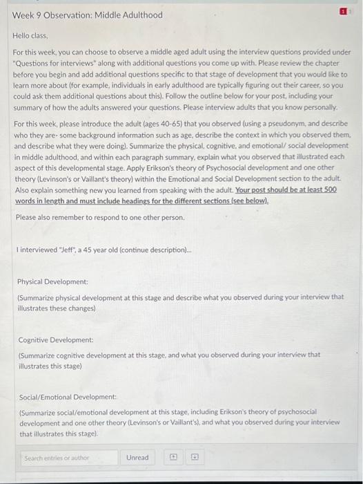 Solved Week 9 Observation: Middle Adulthood Hello ciass, For | Chegg.com