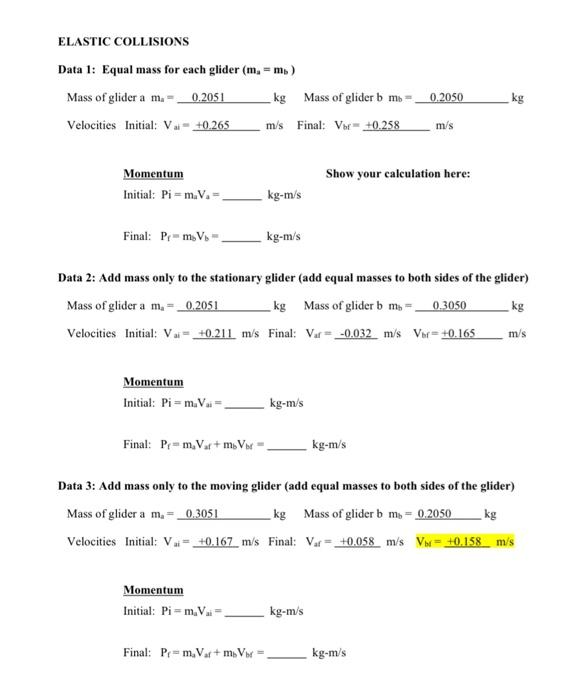 Solved ELASTIC COLLISIONS Data 1: Equal mass for each glider | Chegg.com