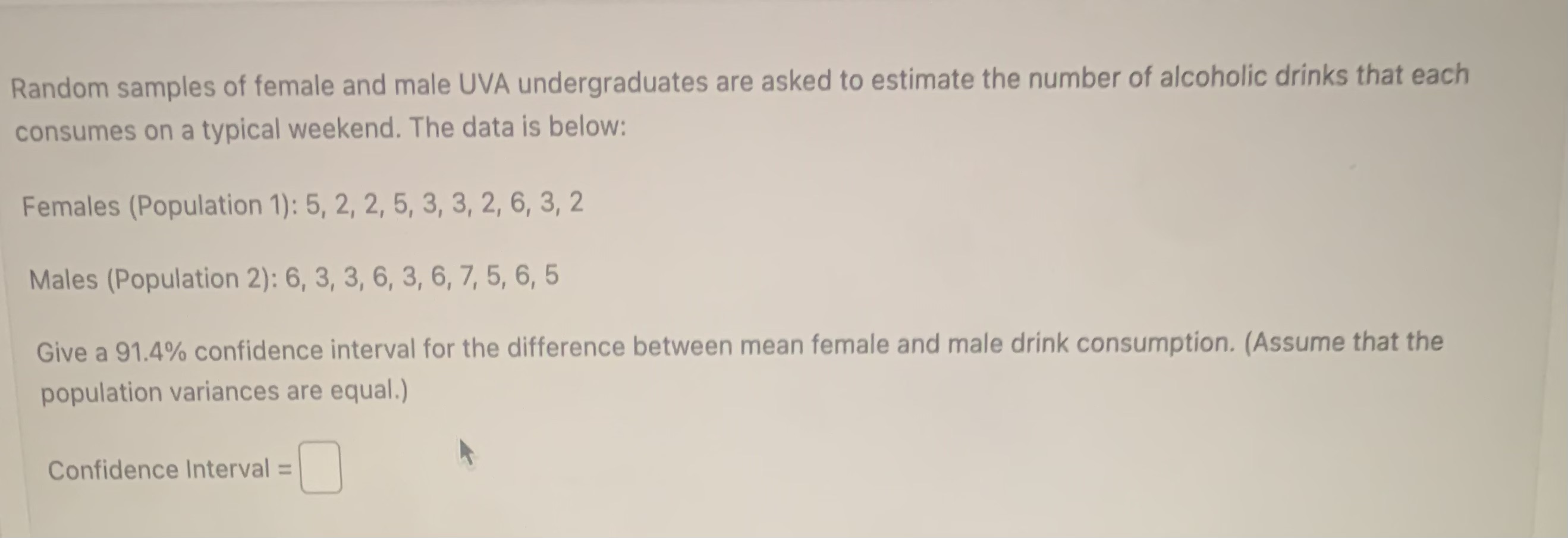 Solved Random samples of female and male UVA undergraduates | Chegg.com