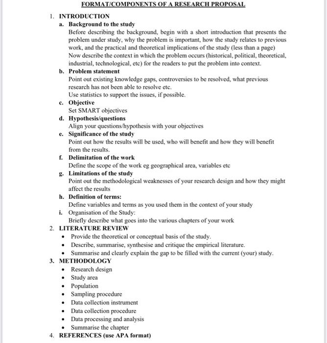 Solved FORMAT/COMPONENTS OF A RESEARCH PROPOSAL 1. | Chegg.com