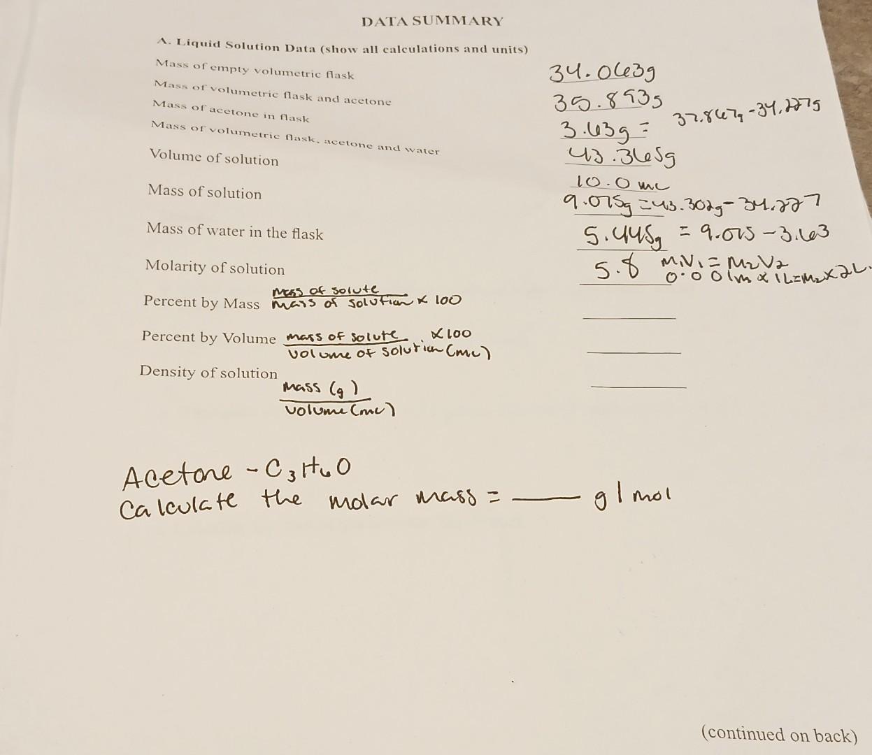 Solved Acetone −C3H6O calculate the molar mass = g1 mol | Chegg.com