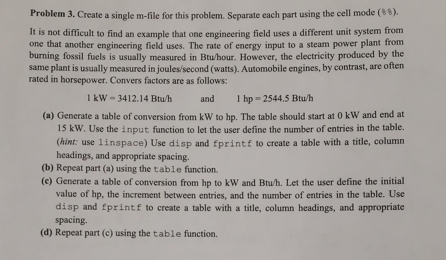 Solved Problem 3. Create a single m-file for this problem. | Chegg.com