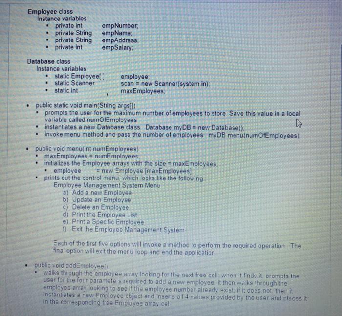Solved Employee class Instance variables • private int | Chegg.com