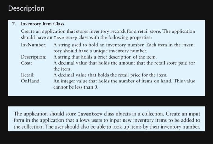 Solved 7. Inventory Item Class Create an application that | Chegg.com